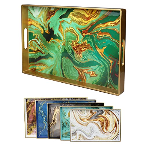 Leemxiiny Green Marbling Decorative Tray with Handles, Morden Plastic Rectangular Serving Tray for Coffee Table Bathroom, Ottoman, Home Decor, 15.7"* 10.2"* 1.38"