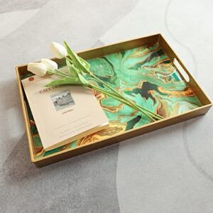 Leemxiiny Green Marbling Decorative Tray with Handles, Morden Plastic Rectangular Serving Tray for Coffee Table Bathroom, Ottoman, Home Decor, 15.7"* 10.2"* 1.38"