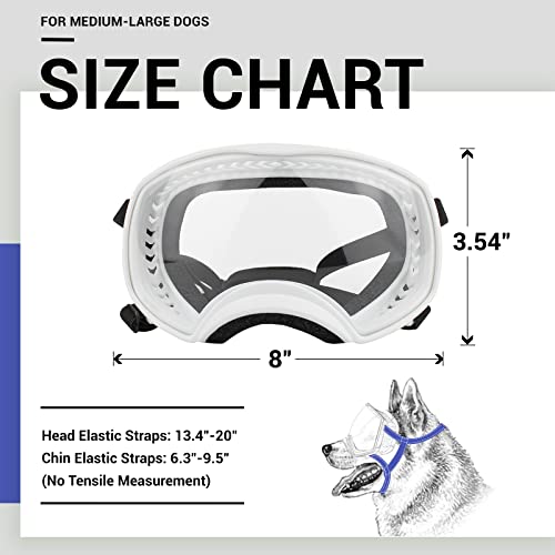 NAMSAN Clear Dog Goggles Medium Large Dog Sport Sunglasses UV Protection Soft Pet Goggles Deep Eyecups Fog/Windproof Outdoor Eyewear for Medium-Large Dogs, White