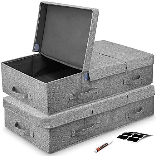 Anyoneer Under Bed Storage With Lids [Set of 2] Sturdy Sidewalls,Bottom with Panel Structure,Reinforced Handle, Labels Window Cards & a Pen - Grey