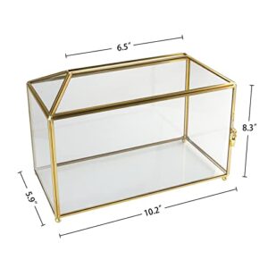 Vetoo 10.2x8.3x5.9inches Gold Glass Card Box with Lock and Slot,Wedding Card Boxes for Reception,Graduation,Gift Cards,Party,Baby Shower, Clear Geometric Terrarium Centerpiece Gift.