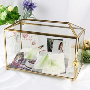 Vetoo 10.2x8.3x5.9inches Gold Glass Card Box with Lock and Slot,Wedding Card Boxes for Reception,Graduation,Gift Cards,Party,Baby Shower, Clear Geometric Terrarium Centerpiece Gift.