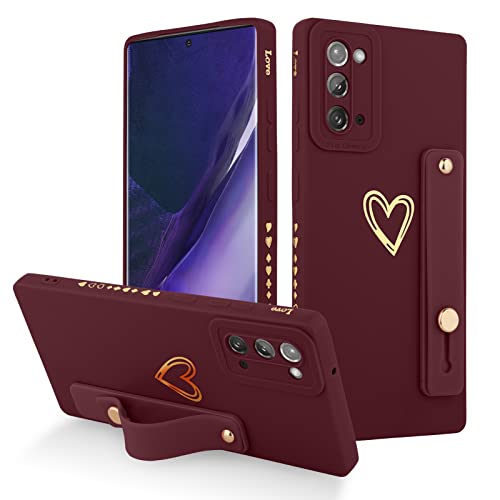 Fiyart Designed for Samsung Galaxy Note 20 Case with Phone Stand Holder Cute Love Hearts Protective Camera Protection Cover with Wrist Strap for Women Girls for Galaxy Note 20 6.7"-Wine Red