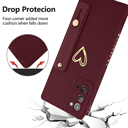 Fiyart Designed for Samsung Galaxy Note 20 Case with Phone Stand Holder Cute Love Hearts Protective Camera Protection Cover with Wrist Strap for Women Girls for Galaxy Note 20 6.7"-Wine Red