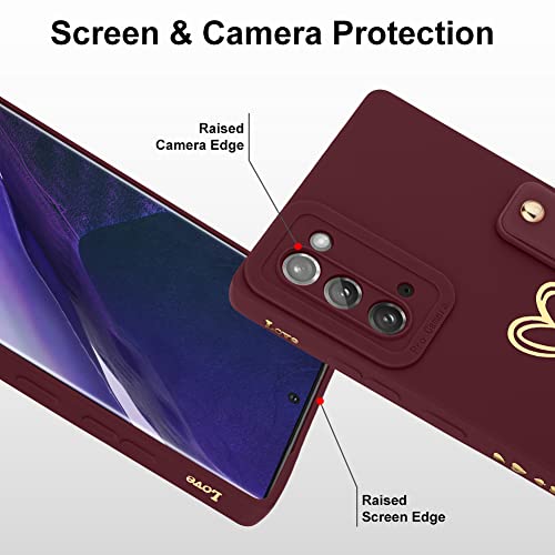 Fiyart Designed for Samsung Galaxy Note 20 Case with Phone Stand Holder Cute Love Hearts Protective Camera Protection Cover with Wrist Strap for Women Girls for Galaxy Note 20 6.7"-Wine Red