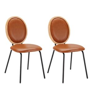 Faux Leather Kitchen Dining Chairs Set of 2 Modern Industrial Upholstered Mid Century Metal Dining Chair for Dining Room Chairs Wood Round Back Dining Chair Indoor Small Place Brown 18"…