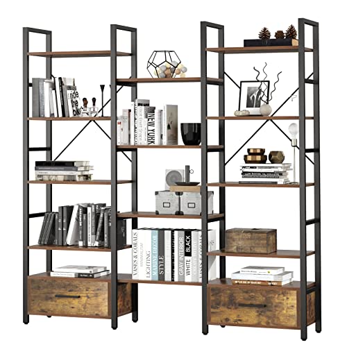 oneinmil Triple Wide 5-Tier Bookshelf with 2 Drawers, Rustic Etagere Book Shelves Display Shelf for Home Office, Industrial Style Wood and Metal Bookshelf in Living Room, Study, Bedroom (Brown)