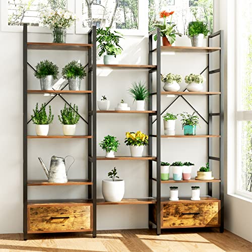 oneinmil Triple Wide 5-Tier Bookshelf with 2 Drawers, Rustic Etagere Book Shelves Display Shelf for Home Office, Industrial Style Wood and Metal Bookshelf in Living Room, Study, Bedroom (Brown)