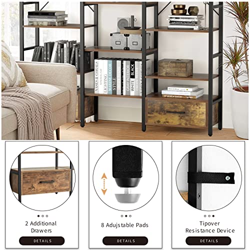 oneinmil Triple Wide 5-Tier Bookshelf with 2 Drawers, Rustic Etagere Book Shelves Display Shelf for Home Office, Industrial Style Wood and Metal Bookshelf in Living Room, Study, Bedroom (Brown)