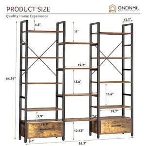 oneinmil Triple Wide 5-Tier Bookshelf with 2 Drawers, Rustic Etagere Book Shelves Display Shelf for Home Office, Industrial Style Wood and Metal Bookshelf in Living Room, Study, Bedroom (Brown)