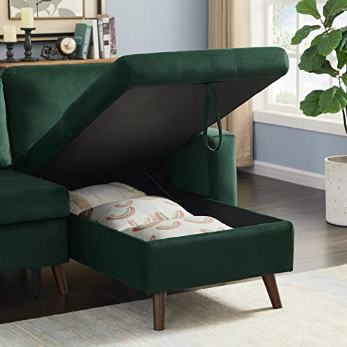 i-POOK L-Shaped Sectional Sofa, 88" Modern Velvet Upholstered Accent Sofa with Reversible Storage Chaise and 2 Pillows Sectional Couch for Living Room Bedroom Apartment, Green