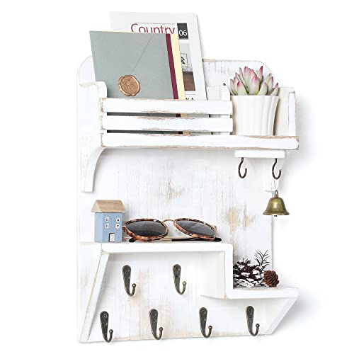 Asaultker Key and Mail Holder for Wall, Elegant Wall Mounted Mail Organizer with 8 Metal Key Hooks, Key and Mail Rack for Rustic Home Decor, Paulownia Wood