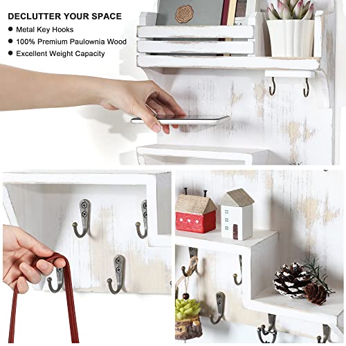 Asaultker Key and Mail Holder for Wall, Elegant Wall Mounted Mail Organizer with 8 Metal Key Hooks, Key and Mail Rack for Rustic Home Decor, Paulownia Wood