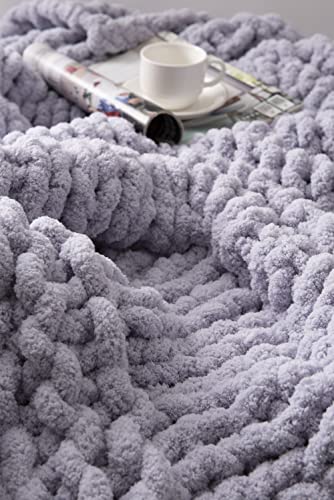 clootess Chunky Knit Blanket Chenille Throw - 100% Hand Knit with Jumbo Chenille Yarn Soft Cozy for Sofa Bed Home Decor (Grey 24x40 in)