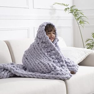 clootess Chunky Knit Blanket Chenille Throw - 100% Hand Knit with Jumbo Chenille Yarn Soft Cozy for Sofa Bed Home Decor (Grey 24x40 in)