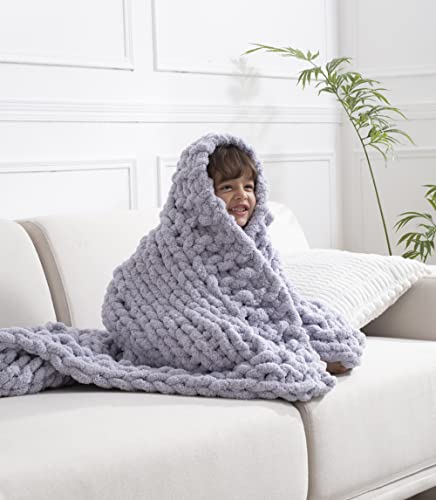 clootess Chunky Knit Blanket Chenille Throw - 100% Hand Knit with Jumbo Chenille Yarn Soft Cozy for Sofa Bed Home Decor (Grey 24x40 in)