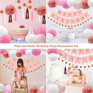 meowtastic Pink Birthday Party Decorations, Happy Birthday Banner with Tissue Pom Poms, Tassel Garland, Paper Lanterns, Circle Dot Garland, Pink and Rose Gold Happy Birthday Decoration for Women Girl