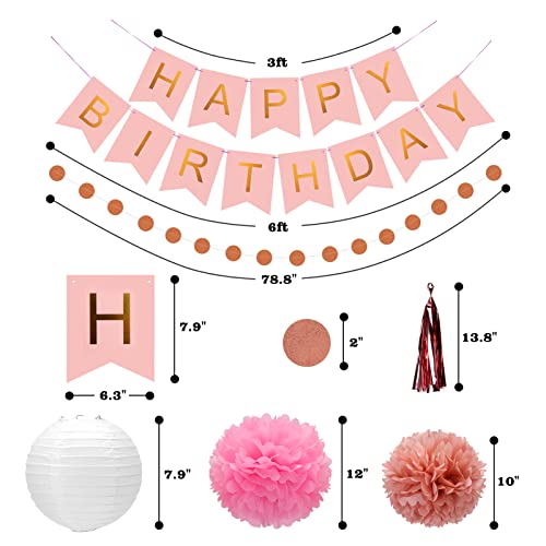 meowtastic Pink Birthday Party Decorations, Happy Birthday Banner with Tissue Pom Poms, Tassel Garland, Paper Lanterns, Circle Dot Garland, Pink and Rose Gold Happy Birthday Decoration for Women Girl