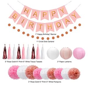 meowtastic Pink Birthday Party Decorations, Happy Birthday Banner with Tissue Pom Poms, Tassel Garland, Paper Lanterns, Circle Dot Garland, Pink and Rose Gold Happy Birthday Decoration for Women Girl