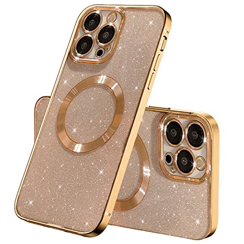 HYUEKOKO Compatible with iPhone 14 Pro Max Magnetic Glitter Cute Case, Plating Bling Clear Phone Case with MagSafe for Women Girls Full Camera Protector Back Cover for iPhone 14 Pro Max 6.7 Gold