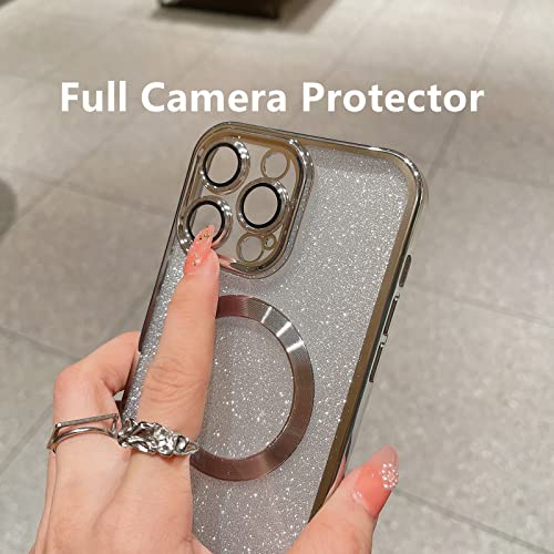 HYUEKOKO Compatible with iPhone 14 Pro Max Magnetic Glitter Cute Case, Plating Bling Clear Phone Case with MagSafe for Women Girls Full Camera Protector Back Cover for iPhone 14 Pro Max 6.7 Gold