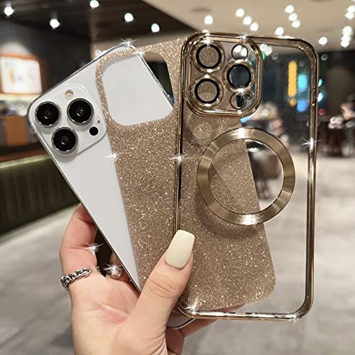 HYUEKOKO Compatible with iPhone 14 Pro Max Magnetic Glitter Cute Case, Plating Bling Clear Phone Case with MagSafe for Women Girls Full Camera Protector Back Cover for iPhone 14 Pro Max 6.7 Gold