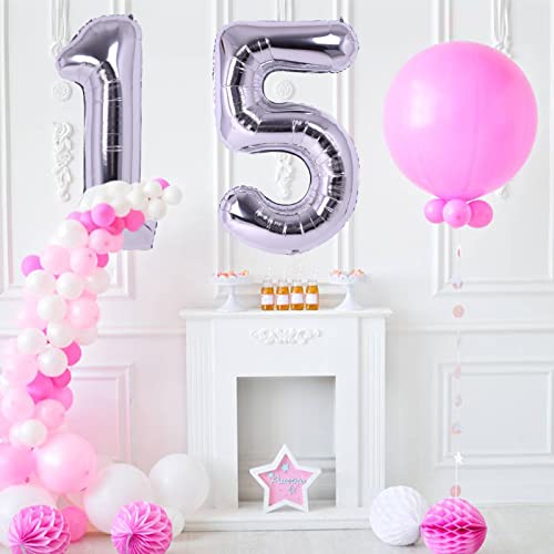 40 Inch Large Silver Number 15 Balloon Extra Big Size Jumbo Digit Mylar Foil Helium Balloons for Birthday Party Celebration Graduations Wedding Anniversary Baby Shower Supplies Engagement Photo Shoot