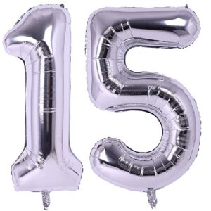 40 inch large silver number 15 balloon extra big size jumbo digit mylar foil helium balloons for birthday party celebration graduations wedding anniversary baby shower supplies engagement photo shoot