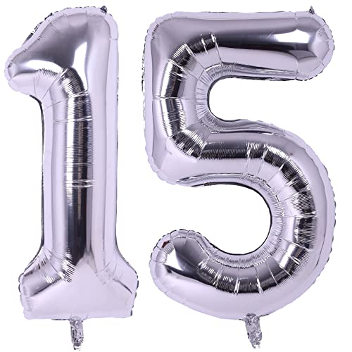 40 Inch Large Silver Number 15 Balloon Extra Big Size Jumbo Digit Mylar Foil Helium Balloons for Birthday Party Celebration Graduations Wedding Anniversary Baby Shower Supplies Engagement Photo Shoot