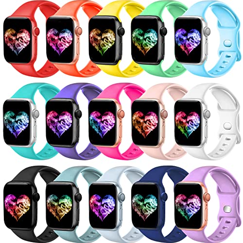 Compatible for Apple Watch Band 38mm 40mm 41mm Women Men, Soft Silicone Sport Band Strap for iWatch Bands Series 9 8 7 6 5 4 3 2 1 SE, 15Pack