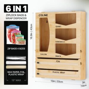 Ziplock Bag Organizer together with Foil and Plastic Wrap Dispenser with Cutter, Ziplock Bag Storage Organizer for Drawer or Wall, Zip Lock Sandwich Baggie Container Organization - Bamboo