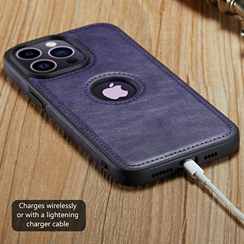 Casus Designed for iPhone 14 Pro Max Case Vegan Leather Slim Logo View Classic Luxury Elegant Thin Protective Cover (2022) 6.7" (Purple)