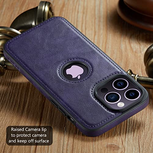 Casus Designed for iPhone 14 Pro Max Case Vegan Leather Slim Logo View Classic Luxury Elegant Thin Protective Cover (2022) 6.7" (Purple)