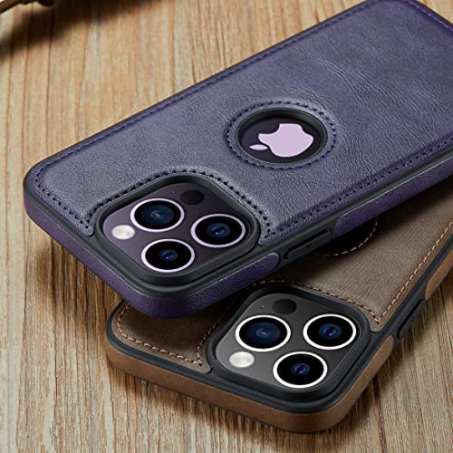 Casus Designed for iPhone 14 Pro Max Case Vegan Leather Slim Logo View Classic Luxury Elegant Thin Protective Cover (2022) 6.7" (Purple)