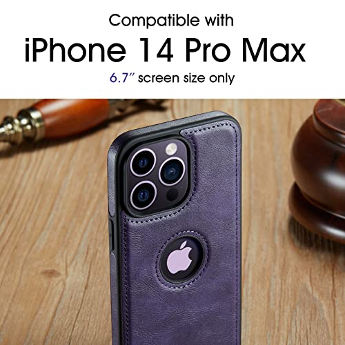 Casus Designed for iPhone 14 Pro Max Case Vegan Leather Slim Logo View Classic Luxury Elegant Thin Protective Cover (2022) 6.7" (Purple)