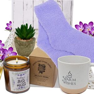 Thinking of you Get well soon gift for women | Care Package gift basket, variety box, after surgery recovery, feel better encouragement female mug, socks & Candle plant | Friend, Mom, girlfriend