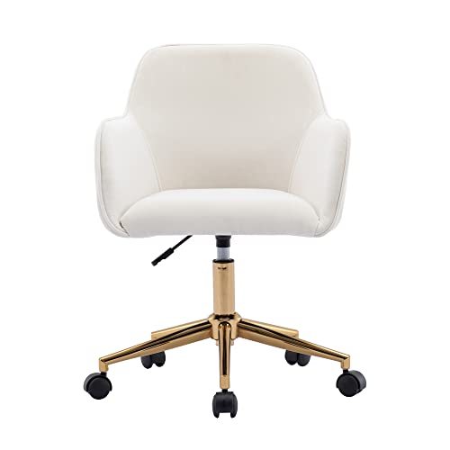 DBXII Modern Velvet Yellow Material Adjustable Height 360 Revolving Home Office Chair with Gold Metal Legs and Universal Wheel for Indoor (White + Velvet)