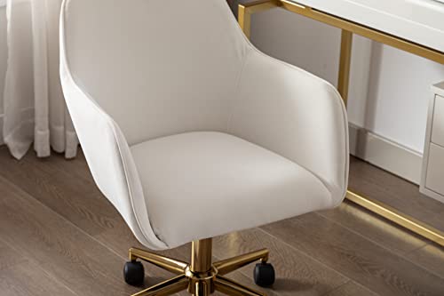 DBXII Modern Velvet Yellow Material Adjustable Height 360 Revolving Home Office Chair with Gold Metal Legs and Universal Wheel for Indoor (White + Velvet)