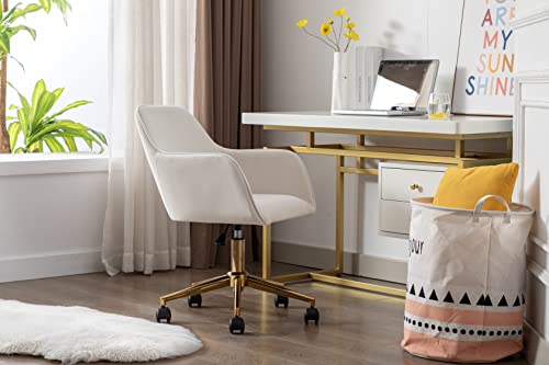 DBXII Modern Velvet Yellow Material Adjustable Height 360 Revolving Home Office Chair with Gold Metal Legs and Universal Wheel for Indoor (White + Velvet)