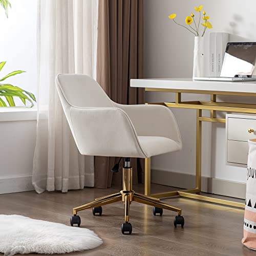 DBXII Modern Velvet Yellow Material Adjustable Height 360 Revolving Home Office Chair with Gold Metal Legs and Universal Wheel for Indoor (White + Velvet)