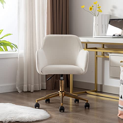 DBXII Modern Velvet Yellow Material Adjustable Height 360 Revolving Home Office Chair with Gold Metal Legs and Universal Wheel for Indoor (White + Velvet)