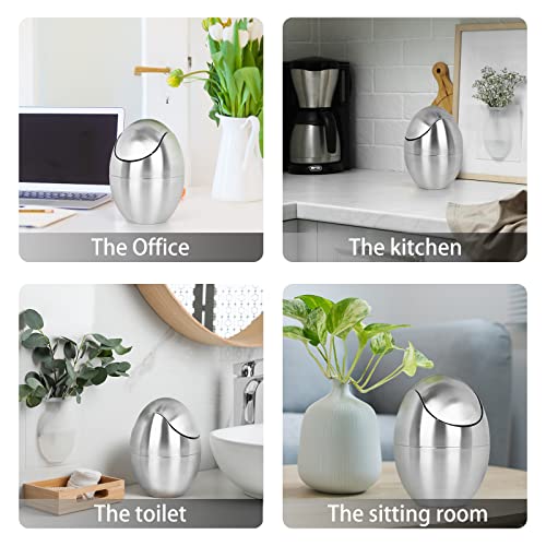 Agirlgle Mini Trash Can with Lid- Durable Stainless Steel Desk Trash Can Mini with Stylish Egg Shaped Design- Countertop Trash Can for Home, Office, Kitchen & More- Tiny Desktop Trash Can with Lid