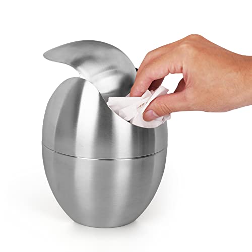 Agirlgle Mini Trash Can with Lid- Durable Stainless Steel Desk Trash Can Mini with Stylish Egg Shaped Design- Countertop Trash Can for Home, Office, Kitchen & More- Tiny Desktop Trash Can with Lid