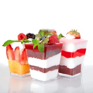 delightz [50 pack] 5.oz small clear plastic dessert cups, disposable mini square appetizer / shooter cup for parfait, desserts, pudding, yogurt.