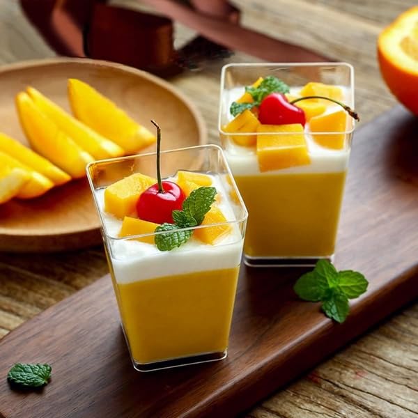 Delightz [50 Pack] 5.Oz Small Clear Plastic Dessert Cups, Disposable Mini Square Appetizer / Shooter Cup For Parfait, Desserts, Pudding, Yogurt.