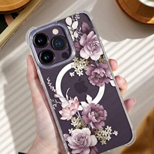 GVIEWIN iPhone 14 Pro Case with Screen Protector & Camera Lens Protector, [Compatible with MagSafe] Clear Floral Shockproof Protective Hard PC+TPU Bumper Women, Cherry Blossoms/Purple