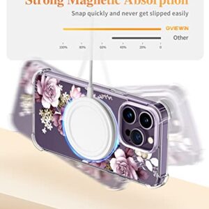 GVIEWIN iPhone 14 Pro Case with Screen Protector & Camera Lens Protector, [Compatible with MagSafe] Clear Floral Shockproof Protective Hard PC+TPU Bumper Women, Cherry Blossoms/Purple