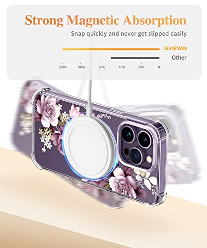 GVIEWIN iPhone 14 Pro Case with Screen Protector & Camera Lens Protector, [Compatible with MagSafe] Clear Floral Shockproof Protective Hard PC+TPU Bumper Women, Cherry Blossoms/Purple