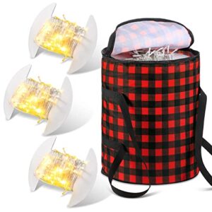 4 pcs light storage bag buffalo plaid thickened light storage bag with 3 pcs cardboard wraps, large light bulb storage bag with zippered closure for holiday festival (red buffalo plaid)