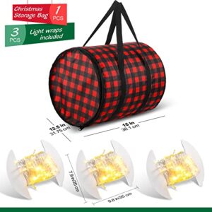 4 Pcs Light Storage Bag Buffalo Plaid Thickened Light Storage Bag with 3 Pcs Cardboard Wraps, Large Light Bulb Storage Bag with Zippered Closure for Holiday Festival (Red Buffalo Plaid)